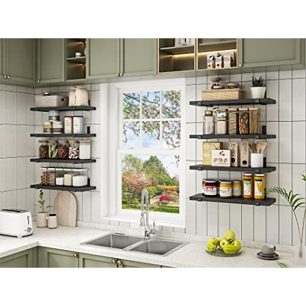 YGEOMER Floating Shelves, Wood Shelves, Long Wall Shelf, Set of 8, Rustic Wall Shelves, Wood Floating Shelf for Bedroom, Living Room, Book and Bathroom (Black)