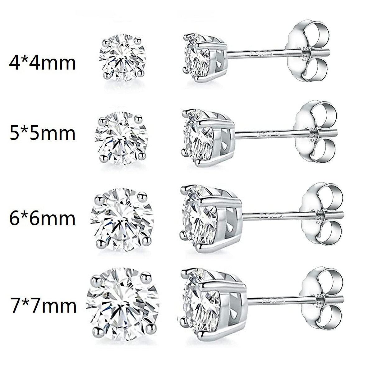4 Pairs 925 Sterling Silver Round Stud Earring Set, 18K White Gold Plated Round Cut Clear Cubic Zirconia Hypoallergenic Earrings Pack for Women and Men