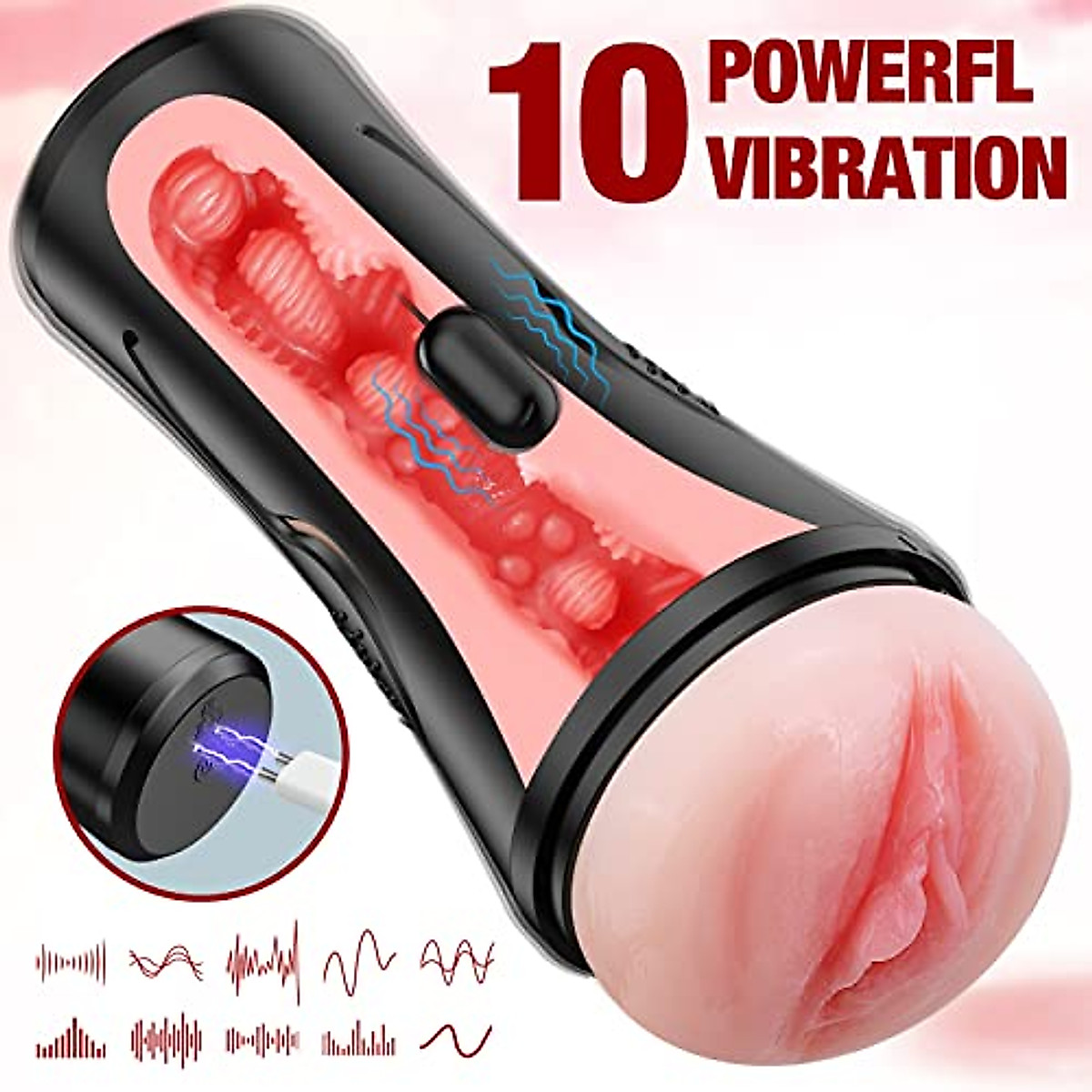 Vibrating Male Masturbator Squeezable Pocket Pussy, Lifelike Textured Vagina, Masturbation Cup with 7.5" Depth, Plump and Soft Fleshy Masturbating Stroker Sex Toy for Men Realistic