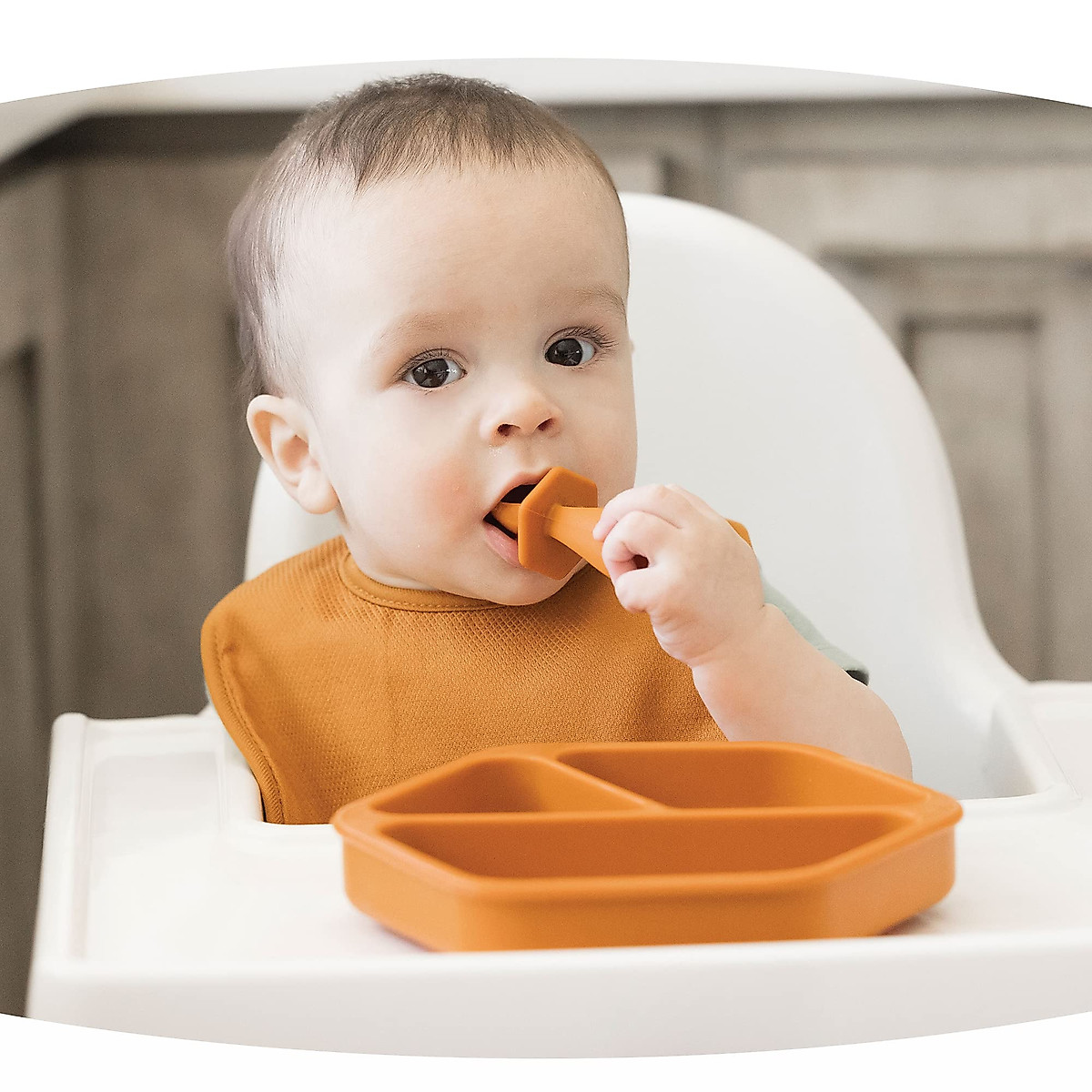 Tiny Twinkle Silicone Suction Baby Plate, Suction Grip Divided Dish for First Foods and Self-Feeding Toddlers, Baby Led Weaning Supplies for Independent Eating (Cinnamon Plate)