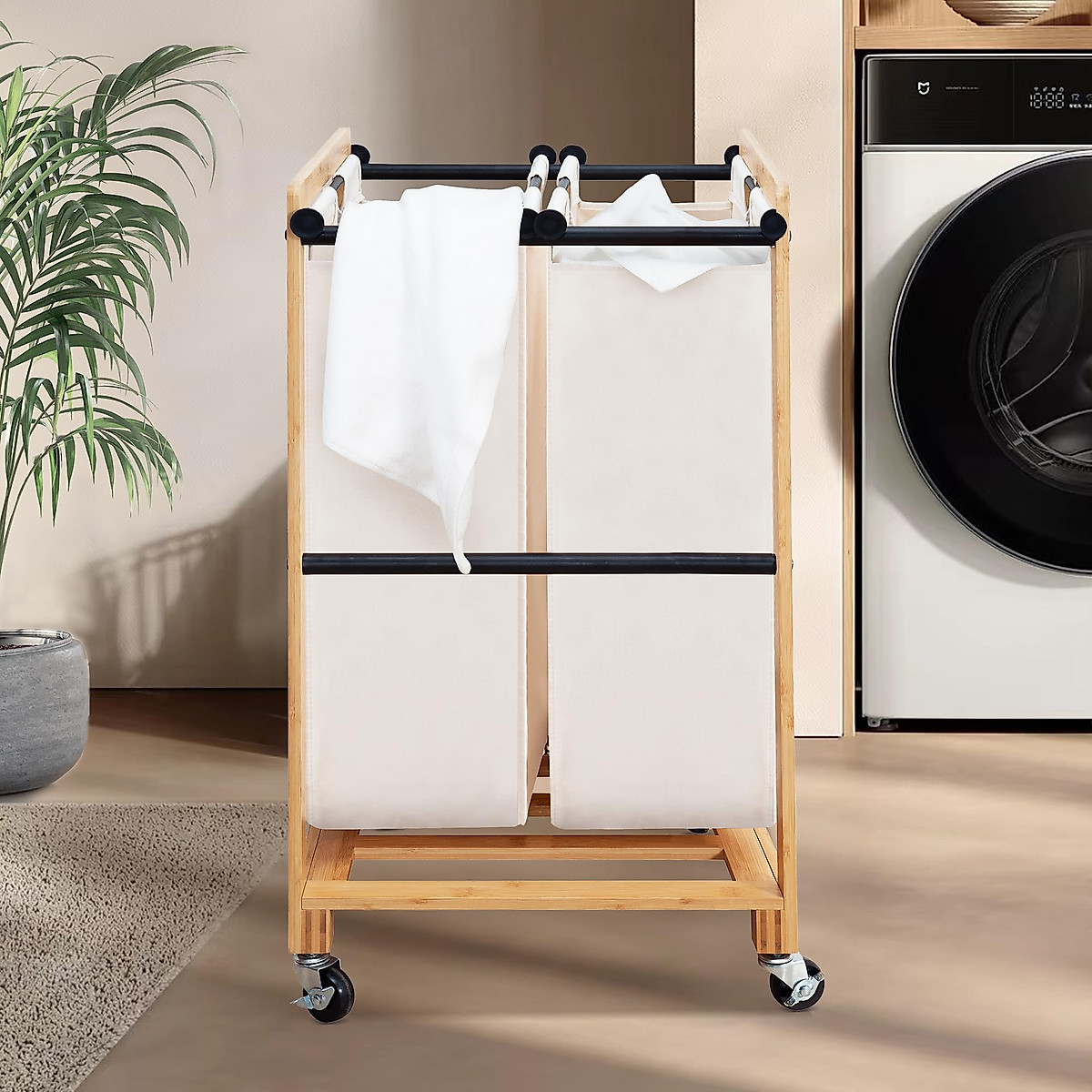 STO STO Laundry Sorter 2 Section with Bamboo Frame, 2 Bag Laundry Hamper, Rolling Laundry Cart Basket with Lockable Wheels and Removable Bag for Clothes Storage in Laundry Room and Bedroom, Beige