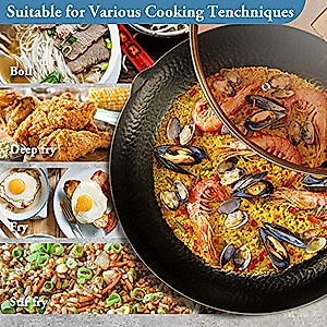 Hyoank AsianTraditional Wok Pan, 12.4'' Woks and Stir Fry Pans, Carbon Steel Wok with Lid Suits for all Stoves