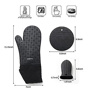 GOBETTO 6-Piece Silicone Oven Mitts and Pot Holders Sets, 15-inch Extra Long Heat Resistant Oven Gloves with Cast Iron Handle Cover Holders and Hot Pads for Kitchen Cooking Baking Grilling (Black)
