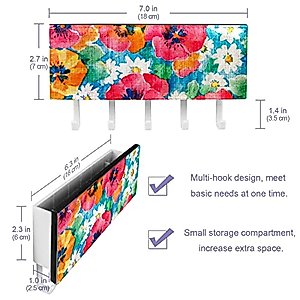 Hand Drawn Retro Colorful Flowers Background Mail Holder Organizer and Key Hooks PU Front, Self Adhesive Key Rack with 5 Hooks Perfect for Entryway, Hallway，Bathroom ，Kitchen
