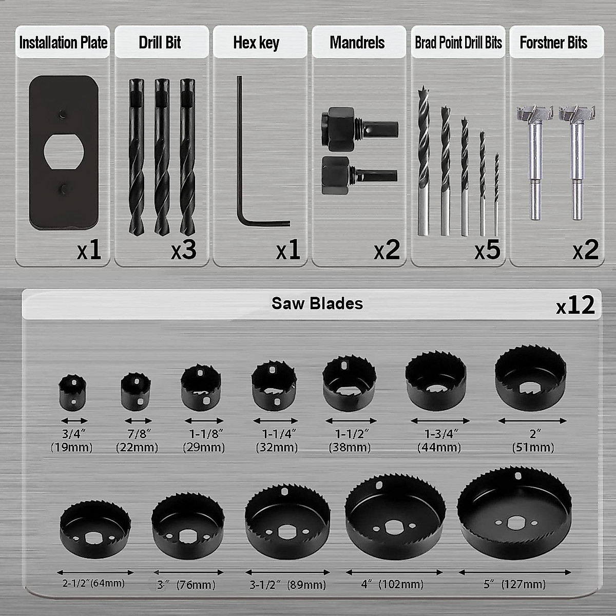 KATA Hole Saw Set, 27PCS Hole Saw Kit with 13PCS Saw Blades Gifts for Men, 3/4" to 5" (19mm-127mm) Hole Saw, Mandrels, Hex Key and Drill Bits in Storage Case, Ideal for Soft Wood, PVC Board