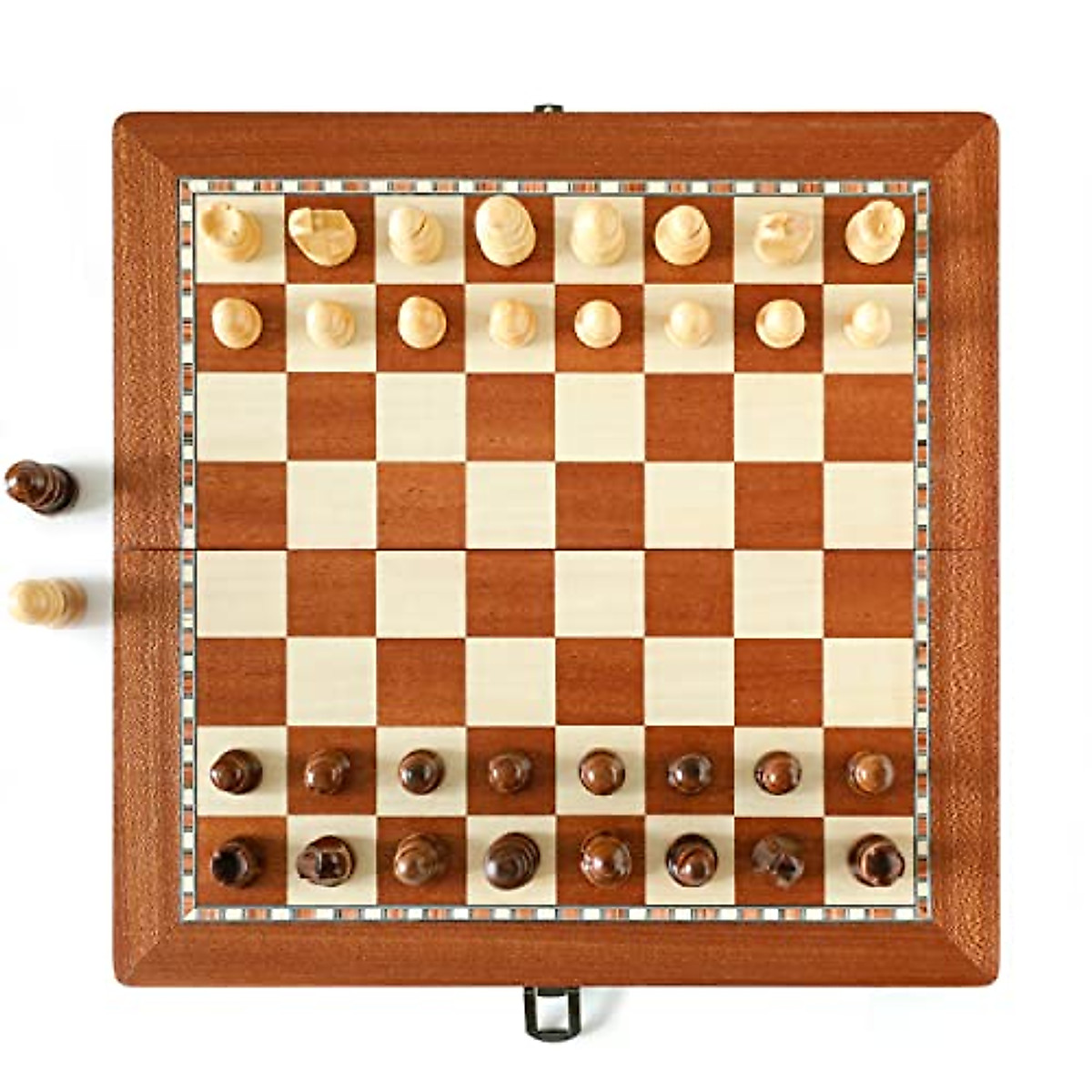 QueenSide 12" Magnetic Wooden Chess Set with Folding Chess Board & Staunton Chess Pieces 2 Extra Queens, Portable (30x30cm)