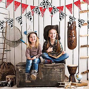 Ctosree 5 Pack 49 Ft Cow Print Bandana Pennant Banners Cow Bunting Banner Western Cowboy Baby Shower Birthday Party Supplies Red White Black Flag for Wild West Farm Theme Party Decor, 7.5 x 10.8 Inch