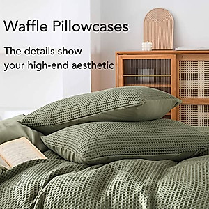 Moonline Duvet Cover Set,Textured Waffle Weave Olive Green Sage Duvet Cover King Size,Soft and Breathable Duvet Cover with Corner Ties (King, Olive Green)