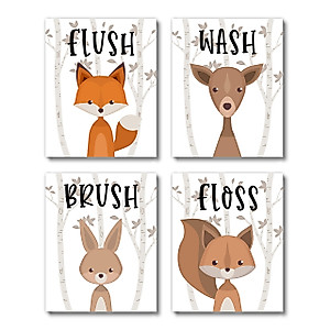 Brooke & Vine Kids Bathroom Wall Decor Art Prints (UNFRAMED 8 x 10 Set of 4) - Woodland Animals Farmhouse Rustic Toddler, Baby Girl, Baby Boy, Classroom (Woodland Animals Quad)