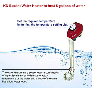 KD 1600W Immersion Bucket Water Heater, Auto Shutoff, Overheating Prevention, Auto Water Level Senor, Adjustable Thermostat, Easy-to-Use (RED / 1600 WATT)