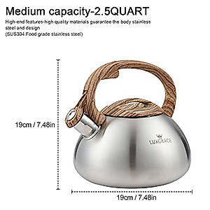 Teapot Whistling Tea Kettle with Wood Pattern Handle Loud Whistle,Food Grade Stainless Steel Tea Pot for Stovetops Water Kettle(Silver-RW)