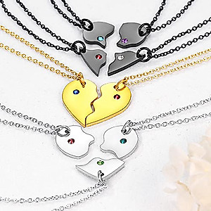U7 Best Friend Necklace Set for 3 People Black Color Heart Puzzle Pieces Pendant Custom Engraved BFF Necklaces Friendship Family Member Gift with Birthstones