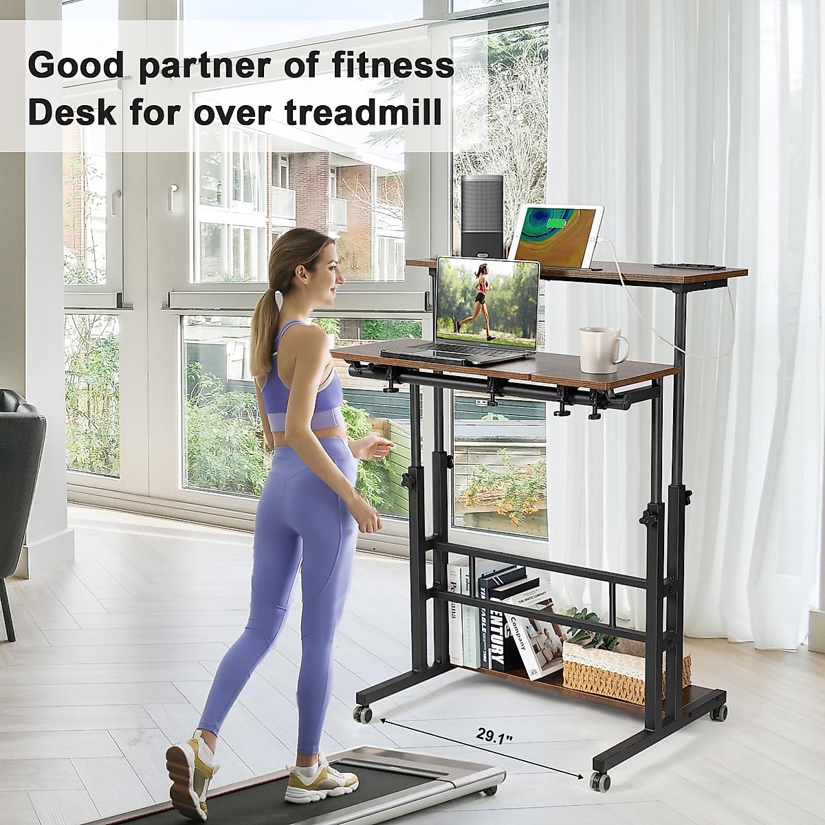 Hadulcet Mobile Standing Desk Adjustable Height, Rolling Desk Stand Up Desk, Mobile Laptop Desk, Rolling Computer Desk with Charging Station, Portable Desk with Wheels, Rustic Brown