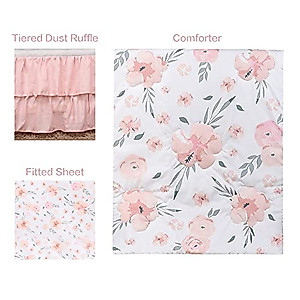PINNKKU 3-Piece Mini Crib Bedding Set for Girls, Mini/Portable Crib Bedding Set for Girls, Blush Pink Flower Crib Skirt, Blanket, Crib Sheet, Fits Mini Crib Only