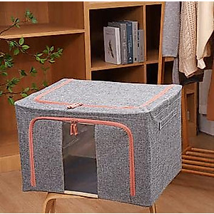 Clothes Storage Organizer with Metal Frame (Set of 2), Extra Large 66L | Foldable Storage Bin Boxes with Clear Window | Stackable, Moisture Proof, Dust Proof | Strong Carry Handles for Clothing, Bedding, Blanket, Closet | Clothes Storage (Grey)