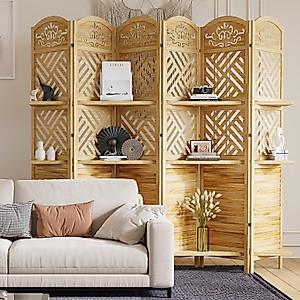 Room Divider with Shelves, 5.75ft Tall Folding Wood Carved Screen with Double Hinges for Home Office Bedroom Hotel Decoration (6 Panels, Natural)