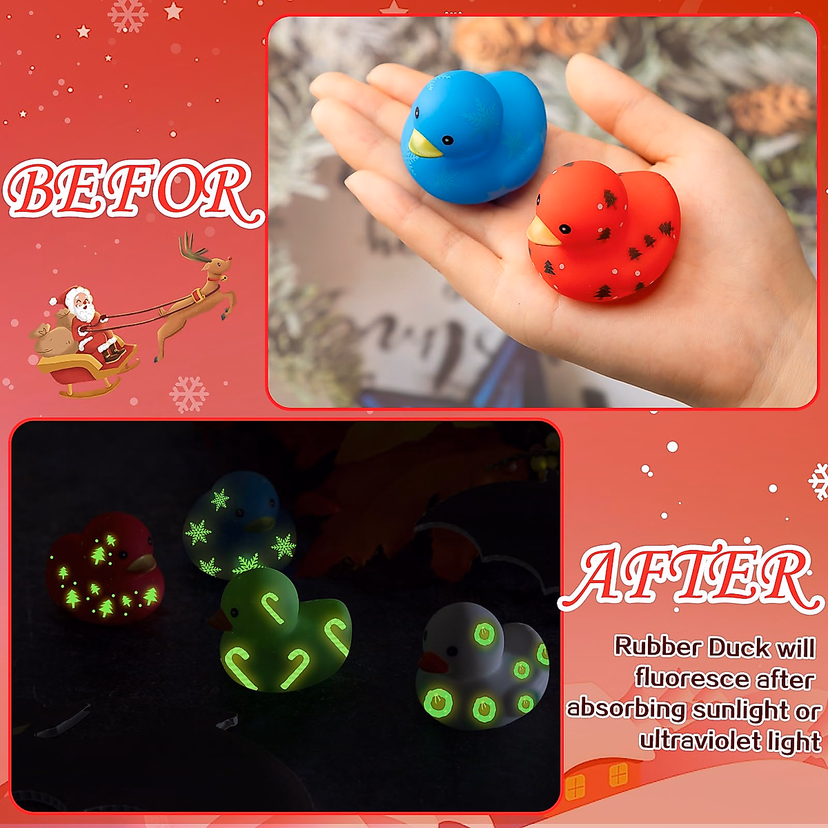 Poen 108 Pcs Christmas Glow in The Dark Rubber Ducks Christmas Rubber Ducks Bulk Light up Mini Rubber Duckies Bathtub Toys for Girls Boys Christmas Party Favors Birthday Pool Rewards (Cute Style)