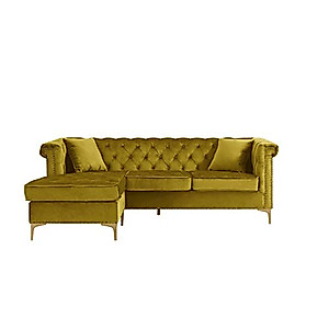 Iconic Home Levin Left Hand Facing Sectional Sofa L Shape Chaise Velvet Button Tufted Rolled Arm with Nail Head Trim Tone Metal Y-Leg with 2 Accent Pillows Modern Contemporary, Gold