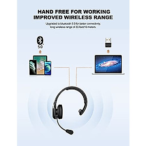 TECKNET Trucker Bluetooth Headset with Microphone Noise Canceling Wireless On Ear Headphones, Hands Free Wireless Headset for Cell Phone Computer Office Home Call Center Skype (Black)