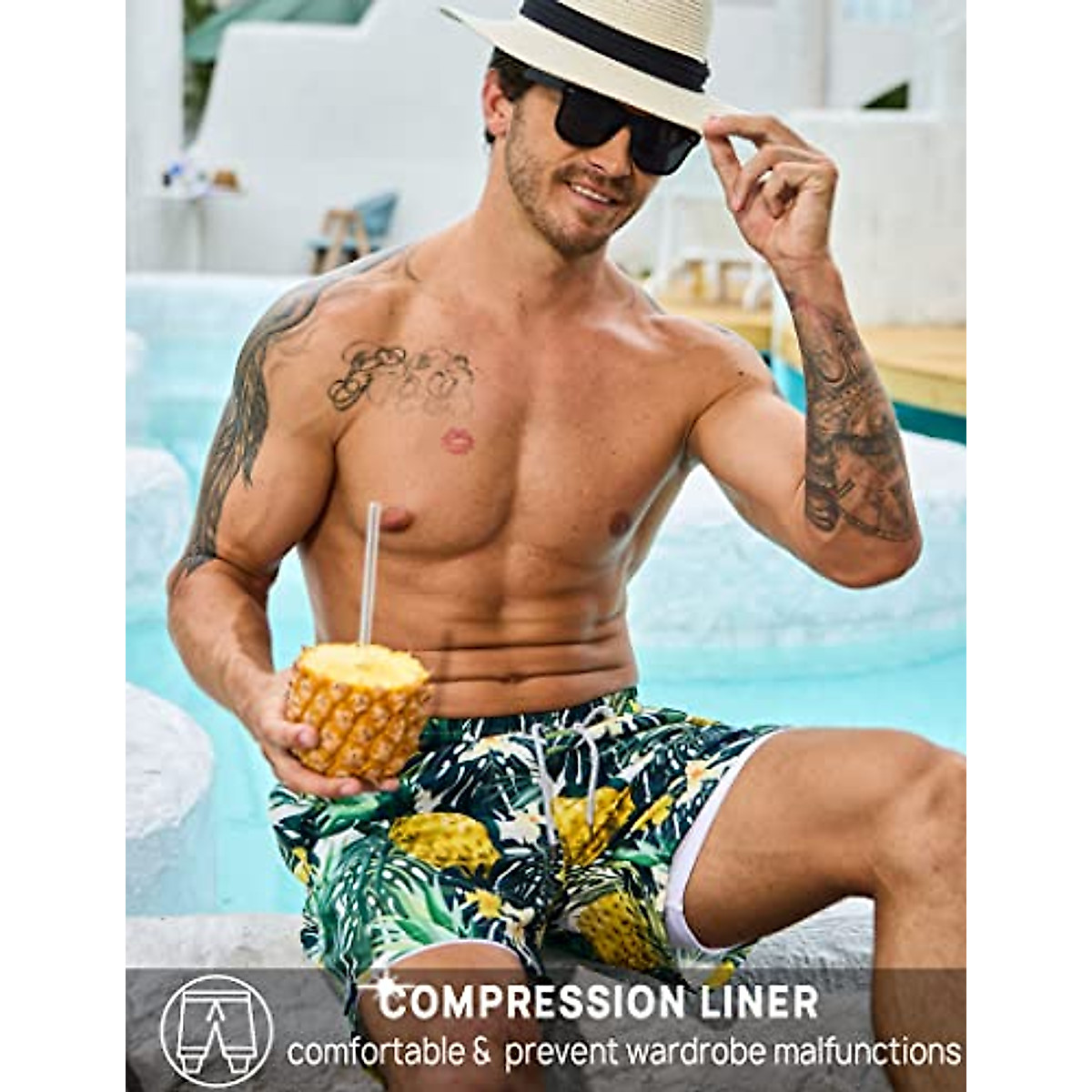 KBVOT Mens Swim Trunks with Compression Liner 7 inch Inseam 2 Pack Quick Dry Stretch Beach Shorts Bathing Suits Swimwear