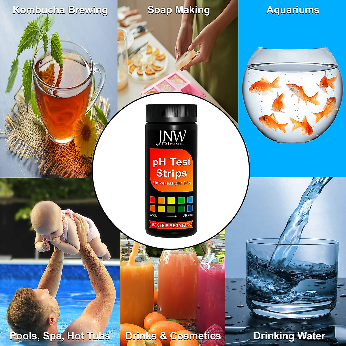 Universal pH Test Strips (0-14) - pH Tester Strips Kit with e-Book - 150 Quick and Easy pH Testing Strips - Ultimate pH Balance Test Strips Kit - 150 Strips by JNW Direct