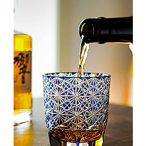 JEMQ Edo Kiriko Color Hand Cut Crystal Glass Tumbler Whisky Gass 9 Oz Glassware with Luxury Gift Box, Suitable for Cocktail Whisky Drink Red Wine Vodka (Blue)