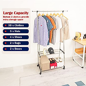 Anmerl Small Clothes Rack - Portable Rolling Clothes Rack with Shoe Rack - Multipurpose Clothes Rack for Bedroom Laundry Room Office - Stainless Steel Poles and Plastic Parts for Easy Assembly