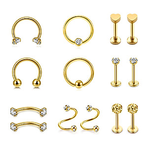 Jovivi 16G Gold Lip Rings Stainless Steel Hoop Labret Studs Monroe Piercing Jewelry Cartilage Helix Tragus Earrings Nose Ring Lobe Daith Rook Earrings for Women Men 14 Pcs