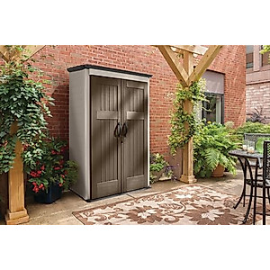 Rubbermaid Vertical Resin Outdoor Storage Shed, With Floor (4 x 2.5 Ft), Weather Resistant, Brown, Organization for Home/Backyard/Garden Tools/Porch/Patio Cushions/Pool Chemicals/Toys