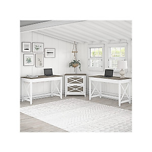Bush Furniture Key West 2 Person Desk Set with Lateral File Cabinet in Pure White and Shiplap Gray