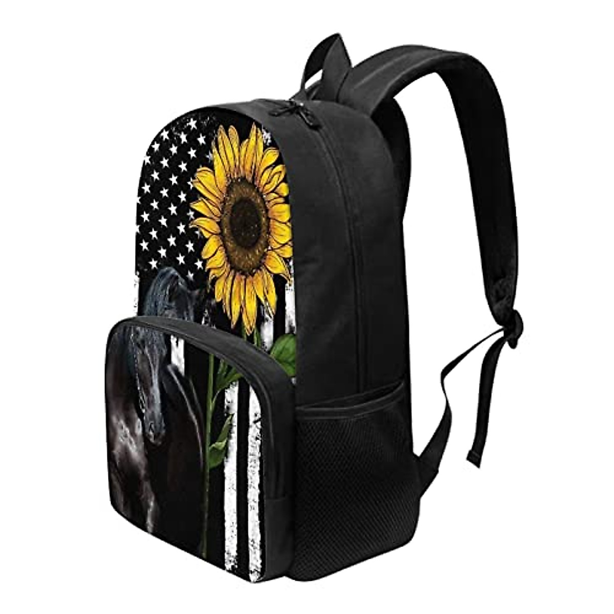 doginthehole Black Horse Backpack School Bag for Students Girls Boys American Flag Sunflower Laptop Bookbag Shoulder Bag Travel Hiking Camping Daypack for Women 17 Inch