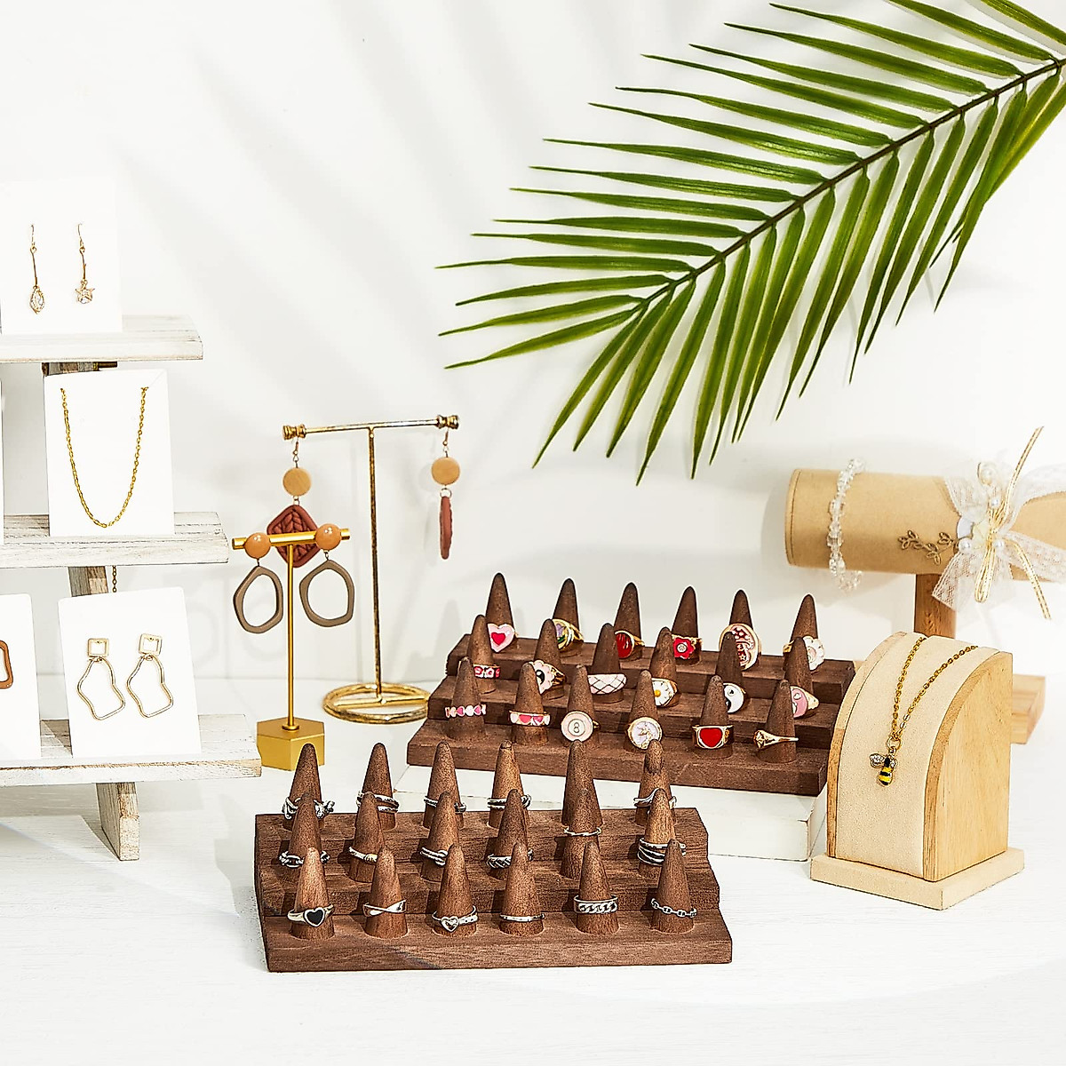 Juexica Wood Ring Display 2 Pieces Ring Holder for Jewelry Wooden Ring Stand Jewelry Counter Showcase 3 Step Ring Organizer for 18 Rings Storage Selling (Brown)