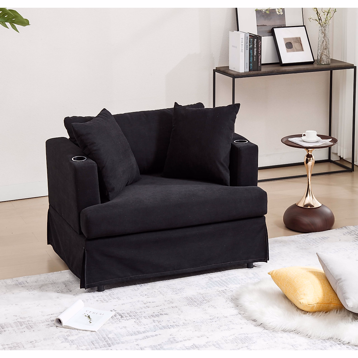 ASAHREE 47'' Mid Century Oversized Reading Armchair, Corduroy 2 Seater Upholstered Sofa Loveseat with 2 Cup Holder, Comfy Modern Accent Chair for Bedroom, Living Room, Black