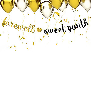 Maicaiffe Farewell Sweet Youth Banner - Old English Birthday Party Decor - 30th 40th 50th 60th Birthday Party Decorations, Gold Black Glitter