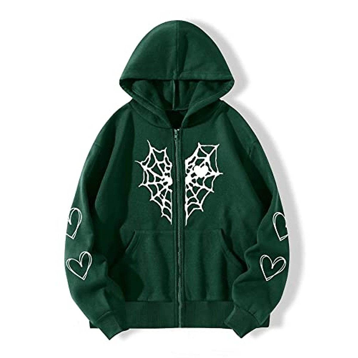 Y2K Gothic Spider Web Heart-shaped Print Hoodied Pullover Punk Zip Up Jacket Coat Harajuku Loose Oversized Streetwear (Black Pink,S)