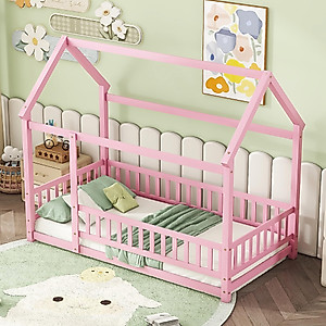 Twin Size House Bed Frame for Kids,Wooden Montessori Floor Bed with Fence and Roof,Floor Bed Frame Twin Size, Twin Bed Frame for Girls,Boys(Twin,Pink)