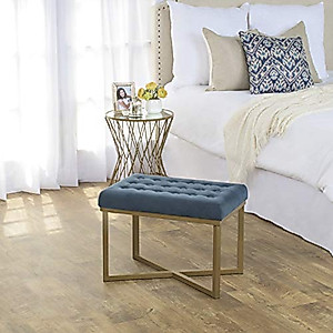 Homepop Home Decor | Upholstered Tufted Velvet Ottoman Bench | Ottoman Bench for Living Room & Bedroom, Blue, 24 x 16 x 17-1/2 inches high