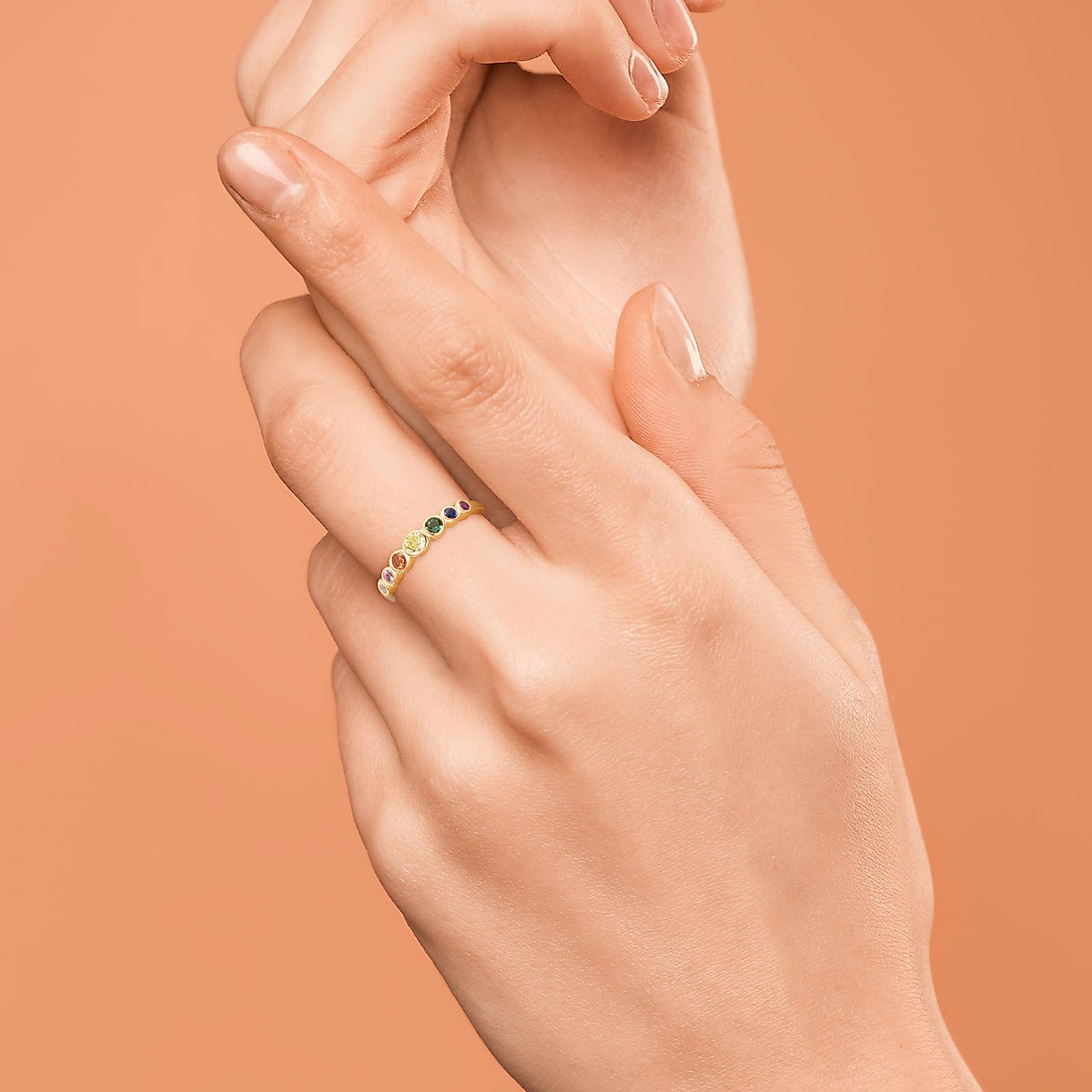 E Gold Ring for Women Rainbow Eternity Jewelry Rings Band Colorful Round Cubic Zirconia CZ Wedding Rings Dainty 14K Gold Rings for Women (round cz,6)