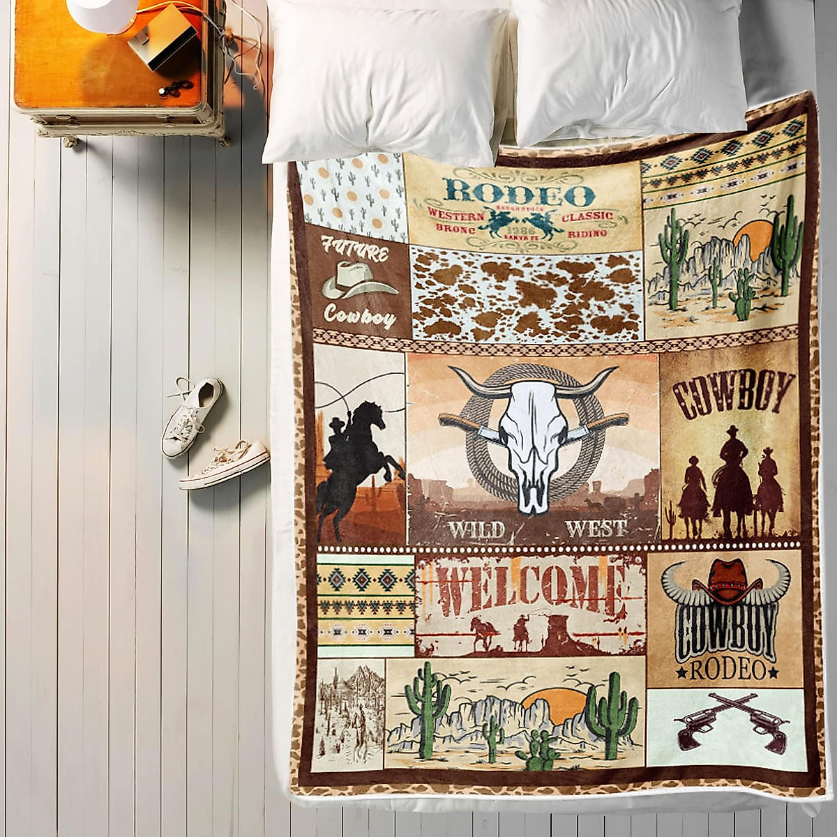 Western Cowboy Blankets, Retro Rustic Cowboy Hat Boot Throw Blanket, American Wild West Cowboy Riding Horses Soft Flannel Blanket for Baby Boys Kids Adults Home Decoration 50X60in Brown
