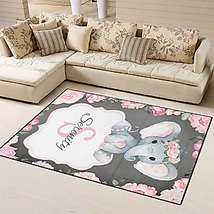 XOZOTY Custom Name Watercolor Elephant Pink Flower Area Rug Living Room Pad Nursery Kids Play Mat Entrance Exit Doormats 4'x5.2'