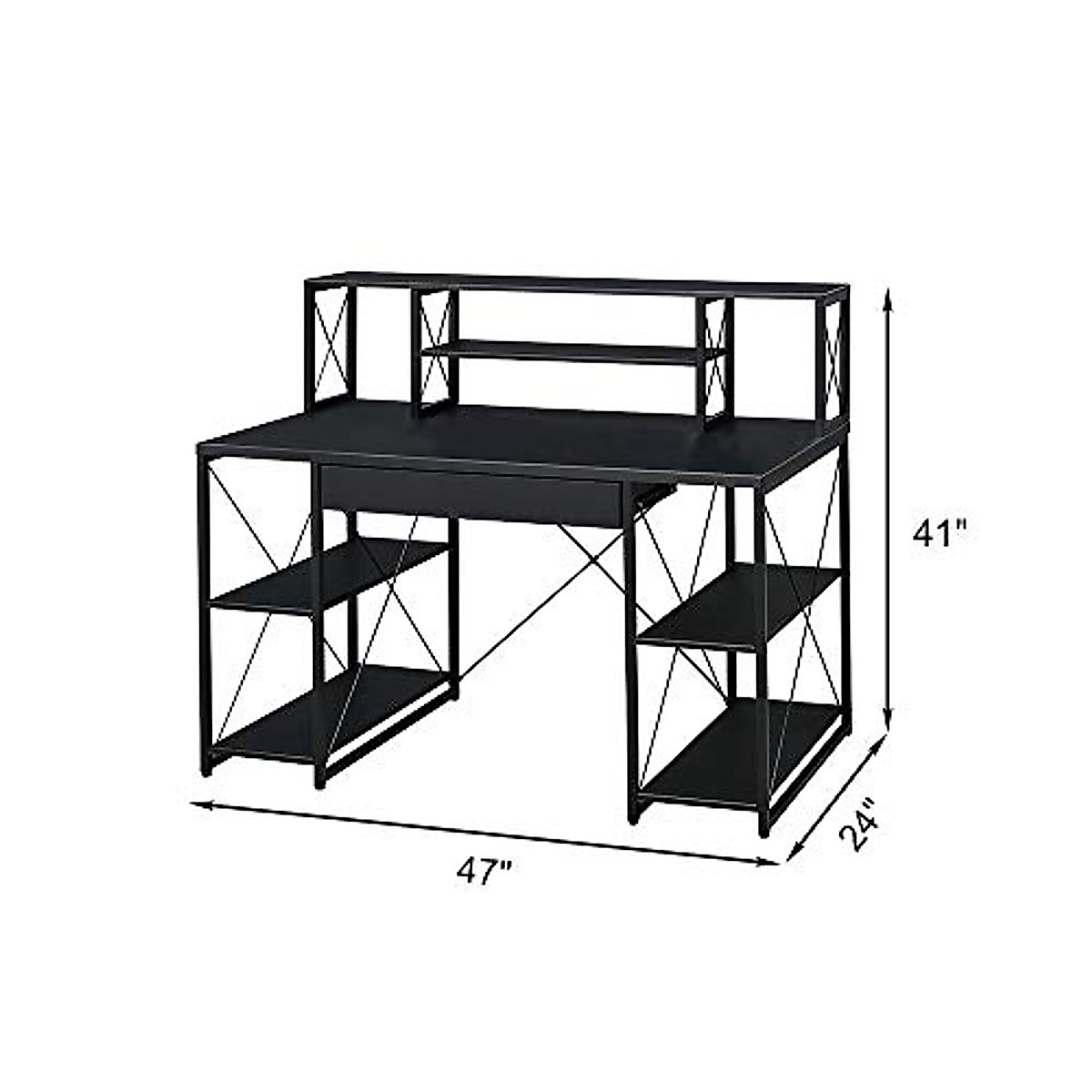 SSLine Computer Desk with Drawer and Hutch Wood&Metal Home Study Writing Table w/Open Shelves Modern Simple PC Laptop Desk Office Workstation - Black /47" L x 24" H x 41" H