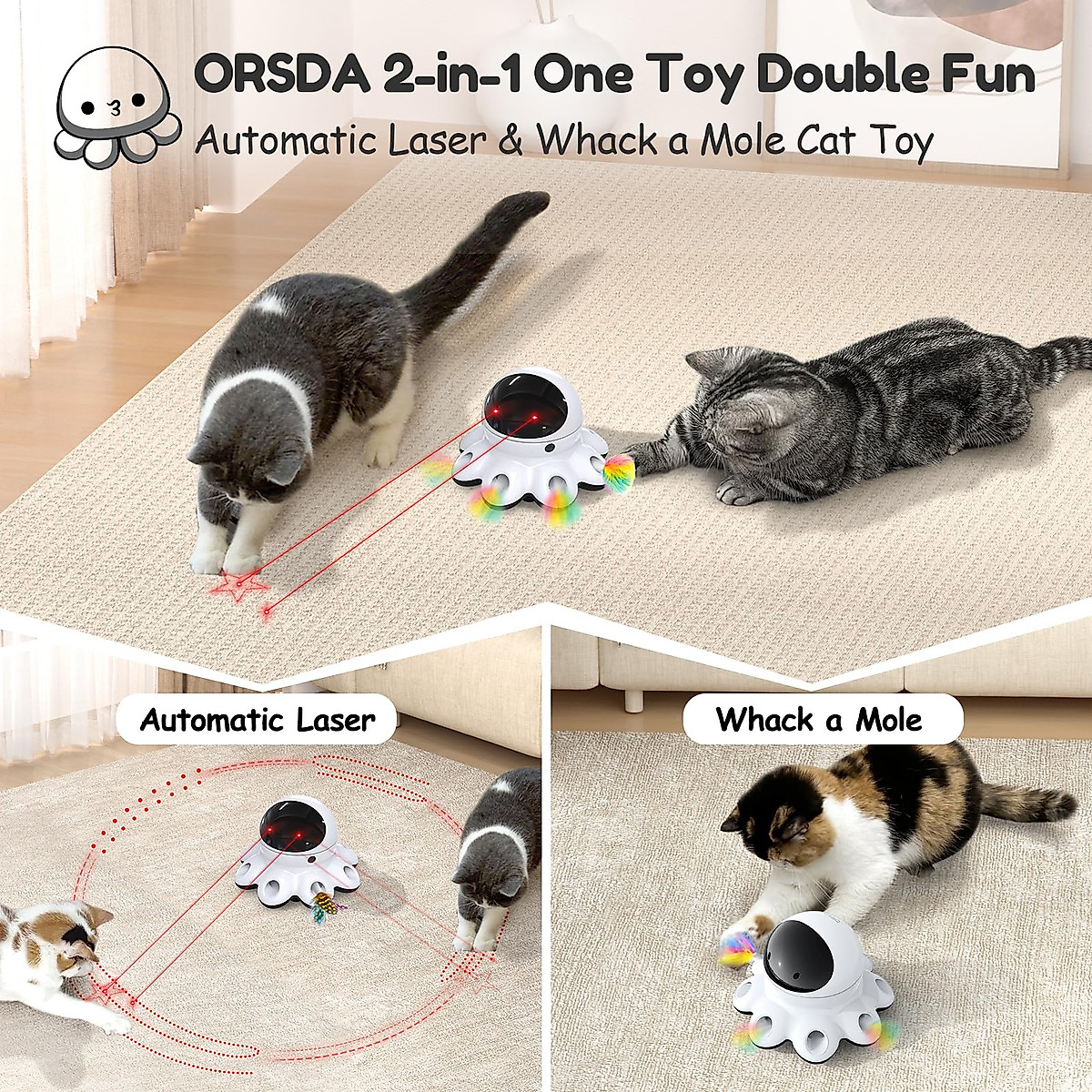 ORSDA Cat Laser Toy, 2-in-1 Interactive Cat Toys for Indoor Cats, Automatic Laser Pointer Cat Toy, 8 Holes Mice Whack A Mole Moving Feather, USB Rechargeable Electronic Kitten Toys for All Breeds