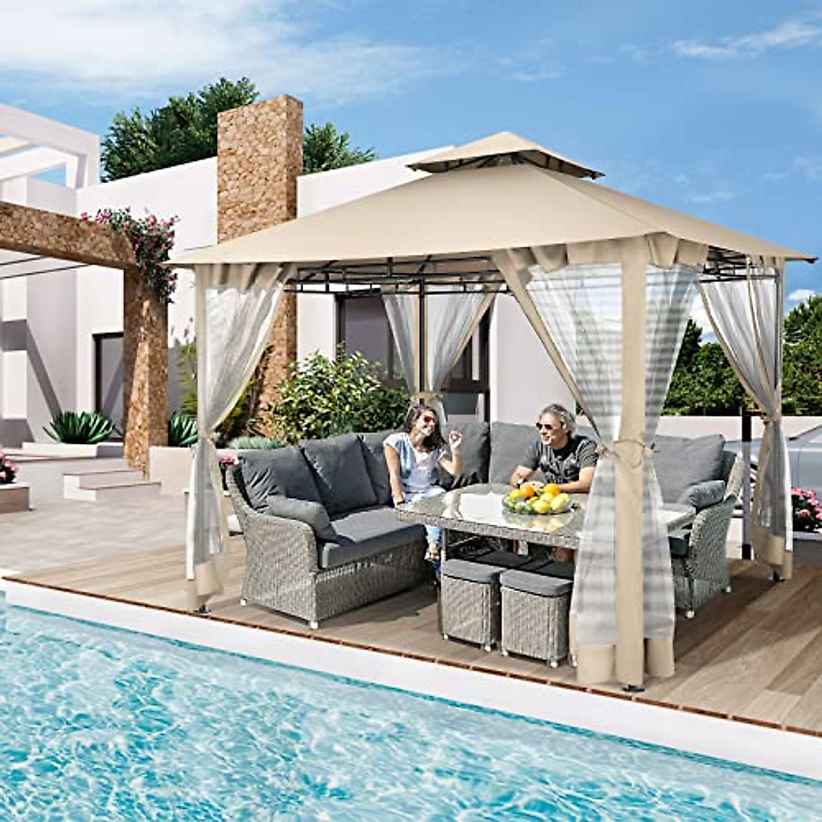 Tooluck Patio Gazebo with Mosquito Netting Outdoor Gazebo 10 Ft x 10 Ft Canopy Tent Double Roof Tops for Party, Backyard, Patio Lawn and Garden