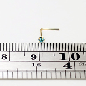 PiercingPoint 9K Solid Yellow Gold Claw Set 1.5MM Aquamarine Genuine Crystals Stone 22 Gauge L-Shape Nose Stud Jewelry