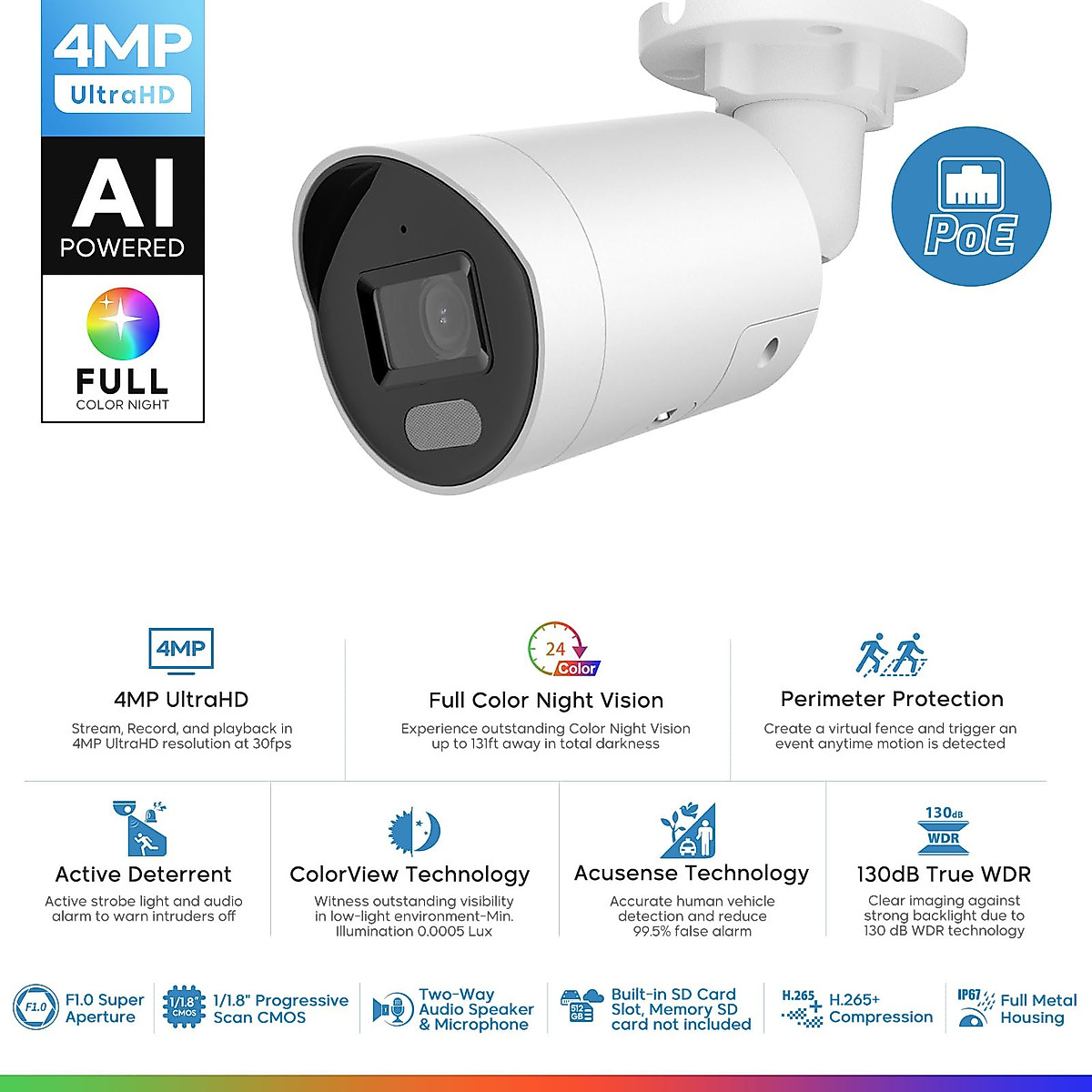 4MP Mini Bullet PoE IP Camera Outdoor, Strobe Light & Audible Warning, 131ft Full Color Night Vision, VCA, Human/Vehicle Detection, F1.0 Aperture, 2-Way Audio, 130dB WDR, 2.8mm Lens, Hik-Connect APP