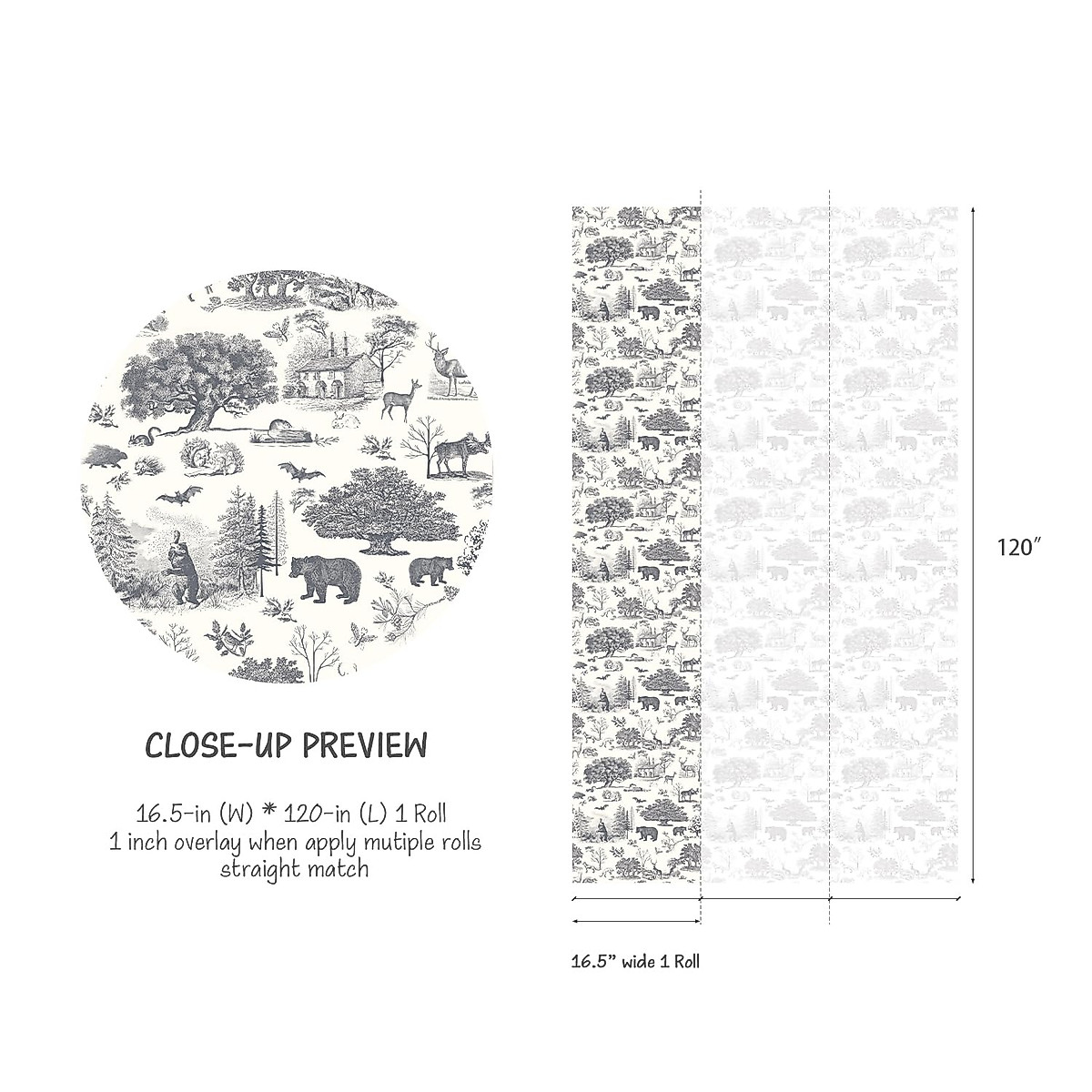 RollsRolla Toile Wallpaper Black and White Woodland Farmhouse Wallpaper Peel and Stick Wallpaper Cute Wallpaper for Teens Boys Room and Nursery