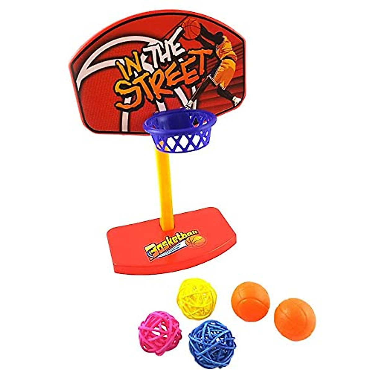 5 Balls+Bracket Parrot Pet Birdie Basketball in The Street Pet Shooting Hoop Balls Toy Parakeet Bell Prop Chew Random Set