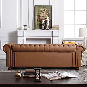 Neylory Leather Couches for Living Room, 3 Seater Classic Chesterfield Sofa Couch with Button Tufted Back and Roll Arms, 88.5-Inch Faux Leather Sofa with Nailhead Trim and Solid Wood Legs (Brown)