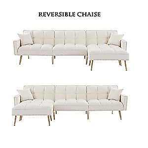 SEVENWOOD Modern Velvet Tufted Reversible Sectional Sofa Couch Bed with Removable Ottoman, Folding Sofa Sleeper Bed with Nailhead Trim Arm and Gold Metal Legs (Off White)