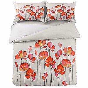 Pastoral Queen Duvet Cover 4 Piece Bedding Set Watercolor Red Poppy Flower Microfiber Quilt Cover Ultra Soft Flat Sheet and 2 Pillow Cases Abstract Blooming Floral Bedding Sets for Bedroom Decor
